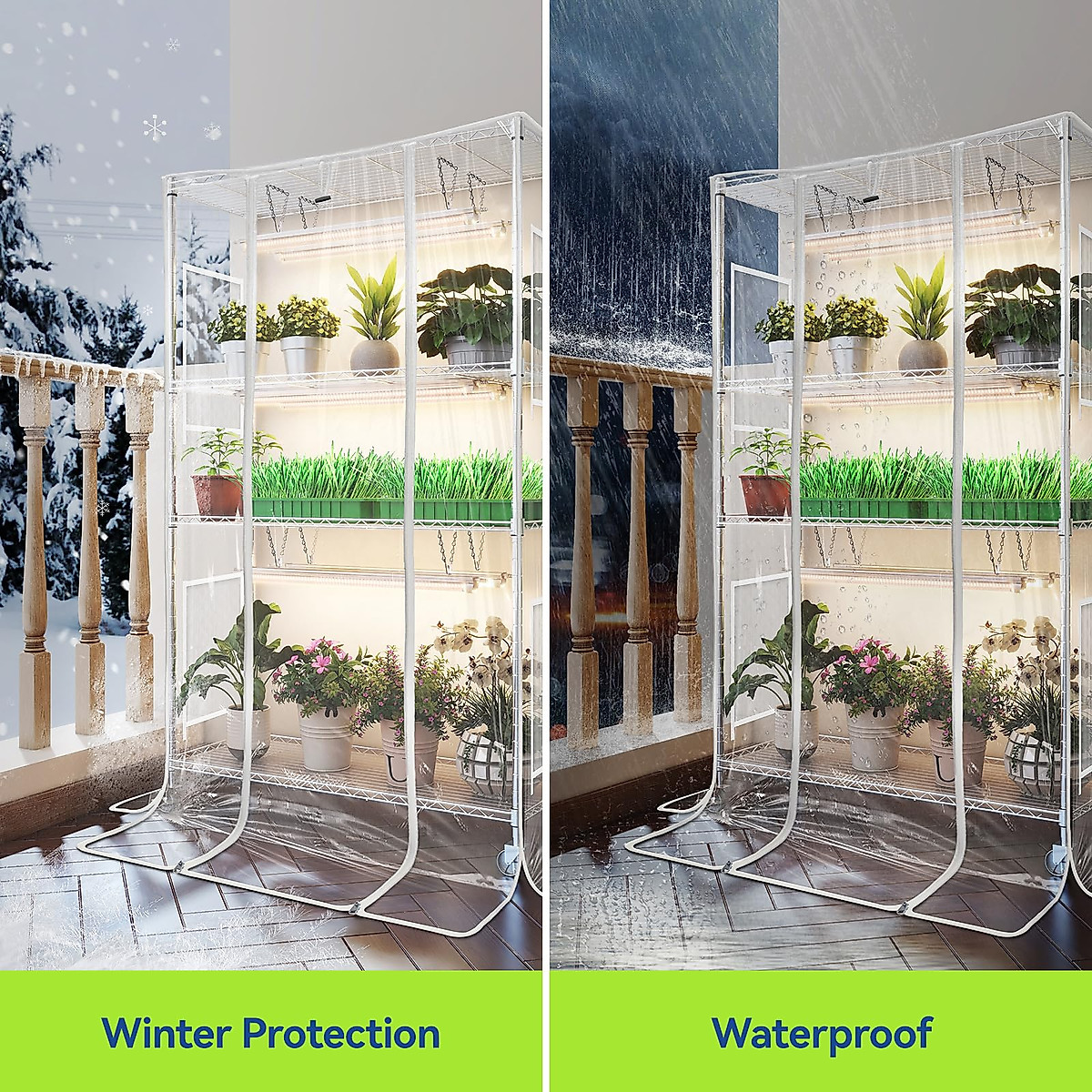 Monios-L Indoor Greenhouse with Grow Light and Shelf,Mini Greenhouse with 4-Tier Metal Plant Stand,Full Spectrum Growing Lamps with Clear Cover Tent for Seed Starter System,(35Lx14Wx61H)