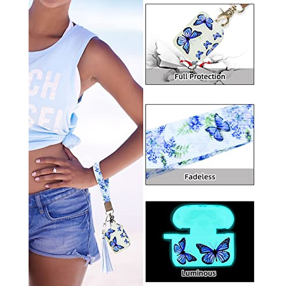 Airpods Pro 2 Case with Keychain Wristlet, Soft Cute Luminous Airpods Pro 2nd Generation Case Cover with Wrist Key Lanyard for AirPods Pro 2nd Generation (2022 Released) Gifts for Women Butterfly