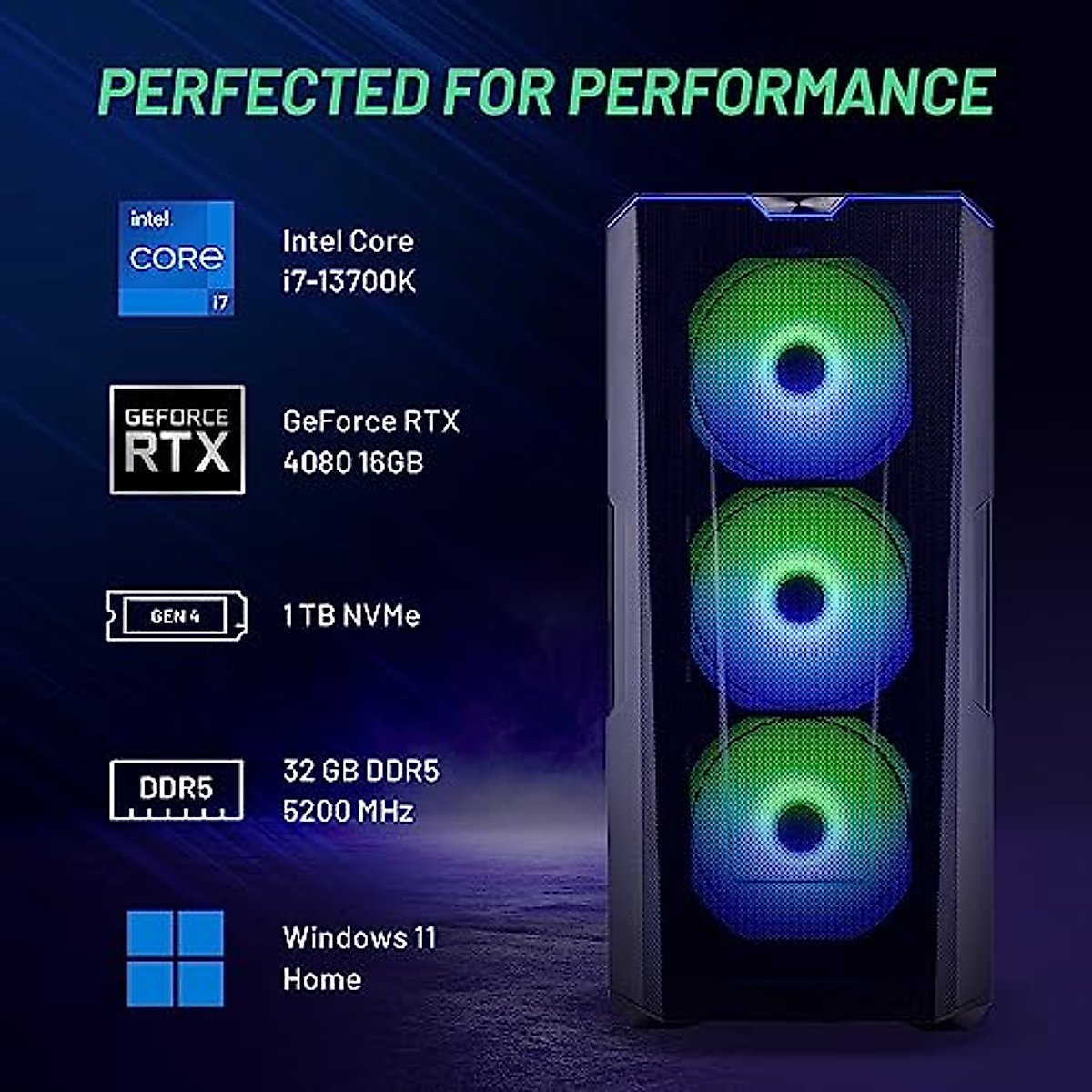 Skytech Eclipse Gaming PC Desktop – Intel Core i7 13700K 3.4 GHz, NVIDIA RTX 4080, 1TB NVME Gen4 SSD, 32GB DDR5 RAM RGB, 1000W Gold PCIE 5.0 PSU, 420mm AIO, 11AC Wi-Fi, Windows 11 Home 64-bit