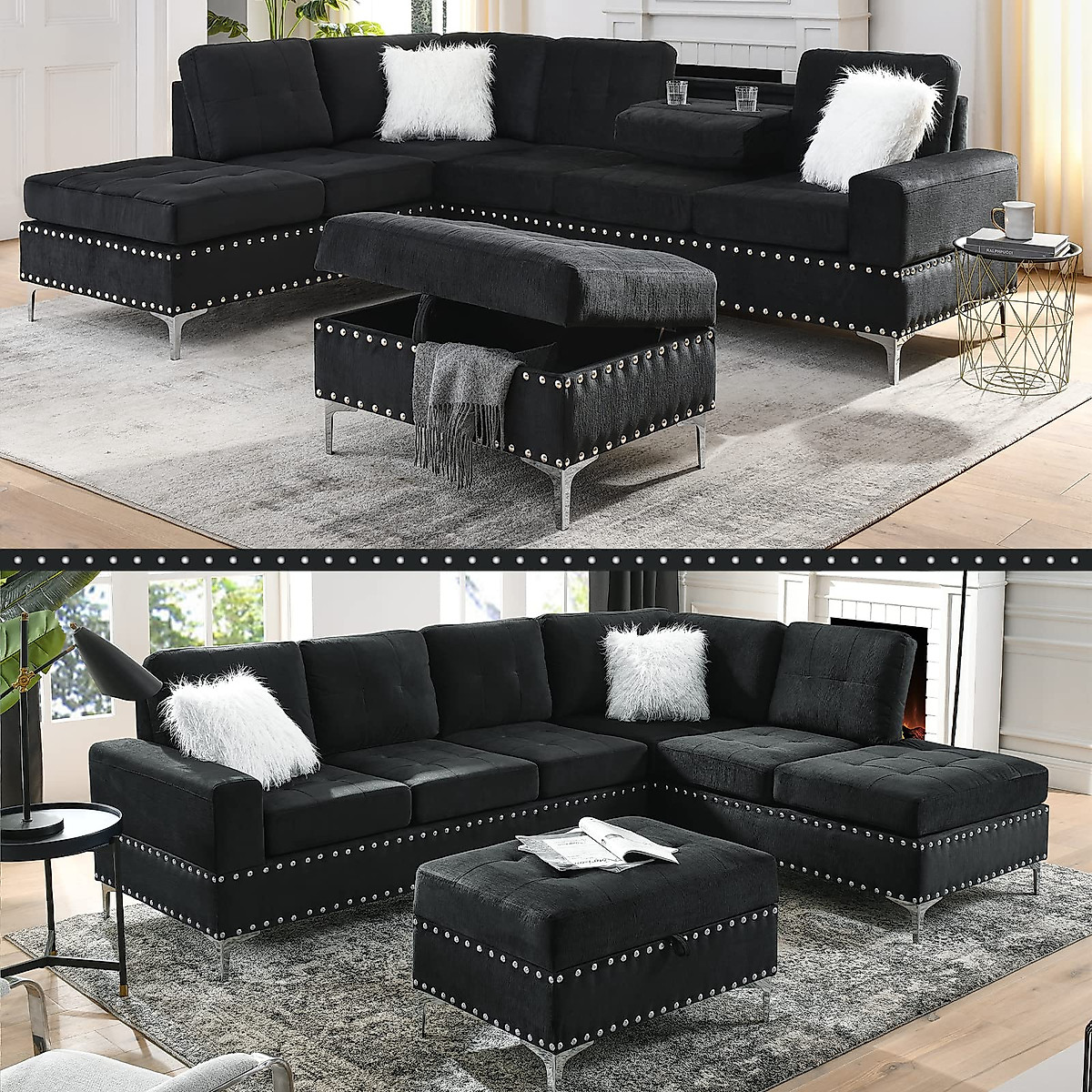 Melpomene L Shaped Sectional Couches Reversible for Small Living Room, Sofa Set in Black Smooth Velvet with Storage Ottoman, Reversible Chaise and Chrome Legs