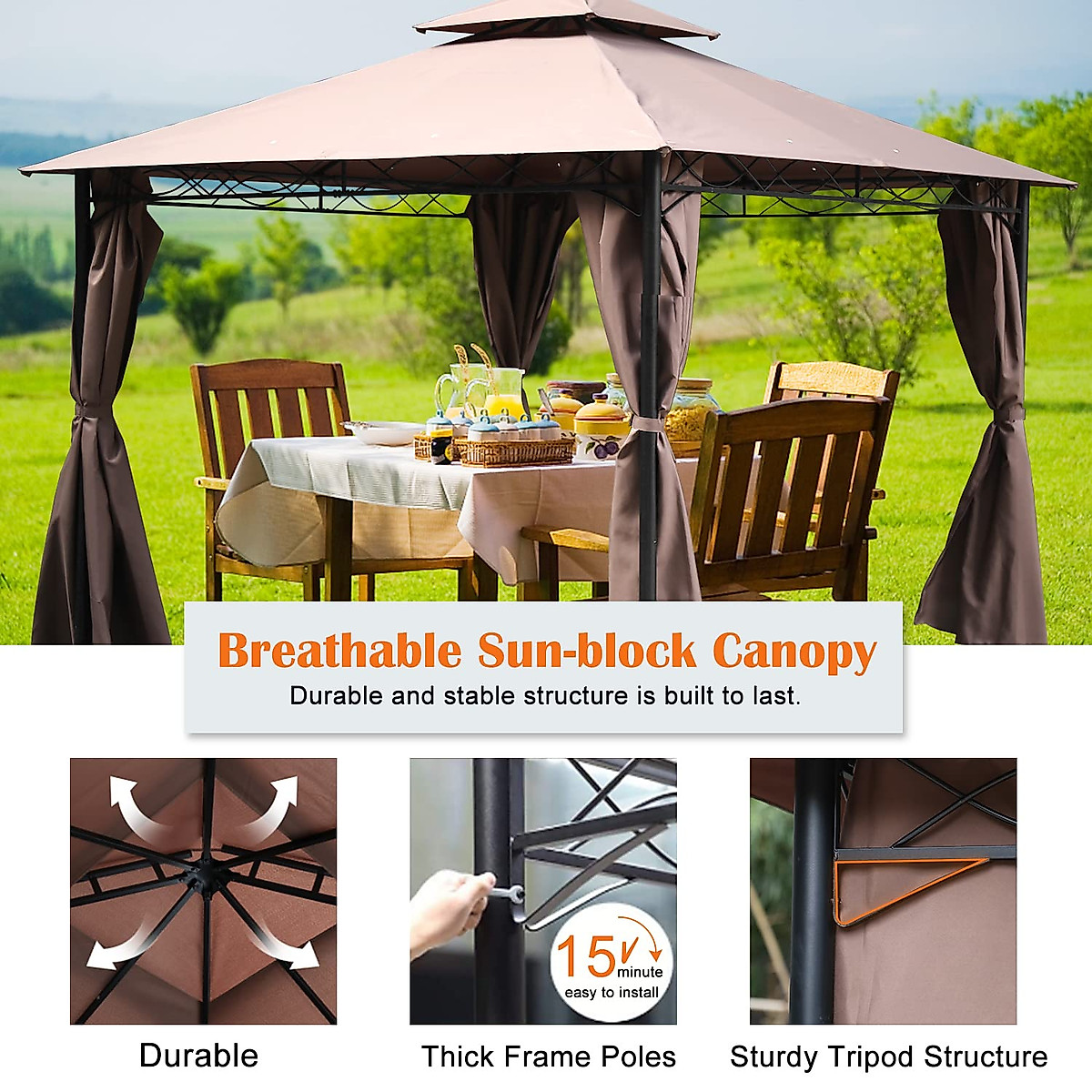 Outdoor Double Roof Hardtop 10' X 10'Gazebo for Patio Grill,Gazebo Large Garden Top Gazebo with Sidewall Party Tent with Curtains & Net（Brown）