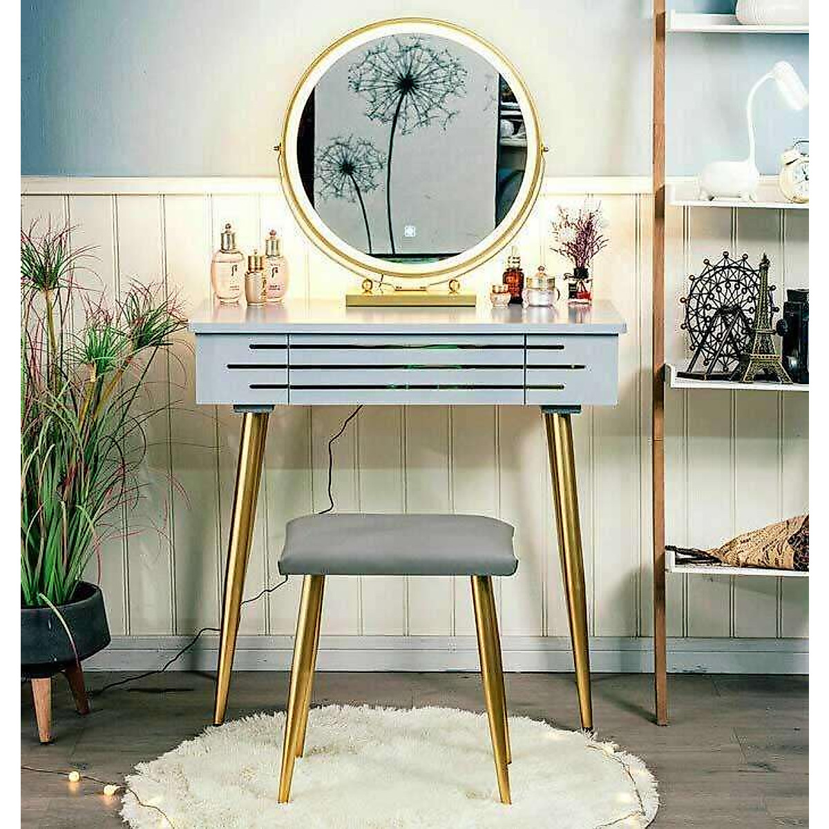 KJNS Makeup Vanity Set Dressing Table Touch Screen Mirror Stool 3 Lights Vanity Desk Makeup Vanity Side Tables Bedroom Vanity Table Portable Desk Vanity Set