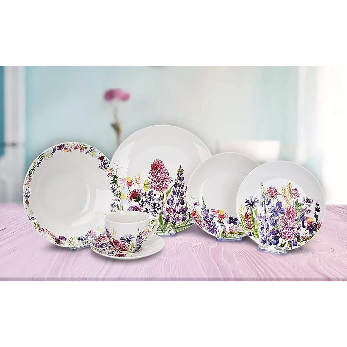 STP Porcelain J-217520 Dinnerware Set for 4, Lavender Fields, Bone China Porcelain, Dinner Plates, Bowls, Dessert Plates, Cups with Saucer, 20 pcs