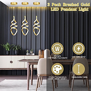Pendant Lights,3 Pack Brushed Gold Pendant Lighting for Kitchen Island,LED Pendant Lights 3 Color Temperature,Modern Pendant Light Fixtures,Gold Brass Pendant Lighting,Dimmable Spiral Ceiling Light