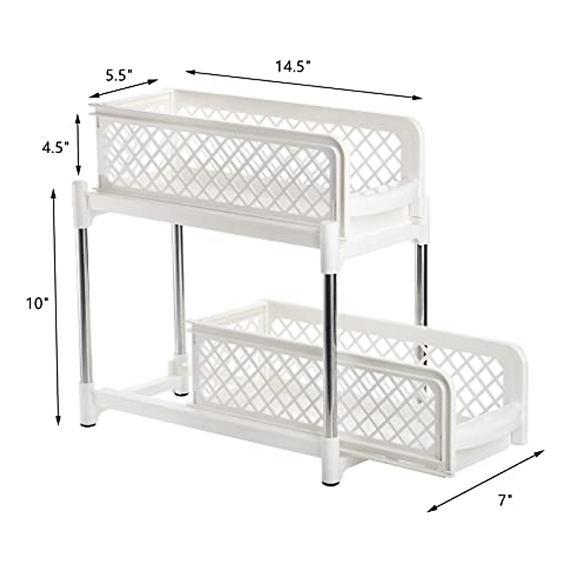Frcctre 2 Tier Under Sink Cabinet Organizer with Sliding Storage Drawer, White Storage Organizer Baskets with Pull Out Drawers for Kitchen, Countertop, Pantry, Under The Sink, Desktop