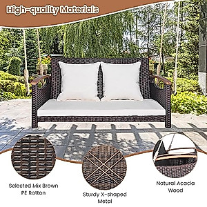 HAPPYGRILL 2-Seater Hanging Swing, Outdoor PE Rattan Hanging Swing with Curved Acacia Wood Armrests, Padded Cushions, Porch Swing Bench, Perfect for Patio Garden Deck, 800 lbs Weigh Capacity