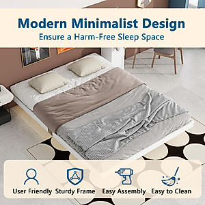 Dolonm Queen Size Bed Frame, Floating Bed Frame with LED Lights, Modern Low Profile Platform Bed Frame, Solid Pine Wood Slats Support, Noise Free, No Box Spring Needed, Easy Assembly, White