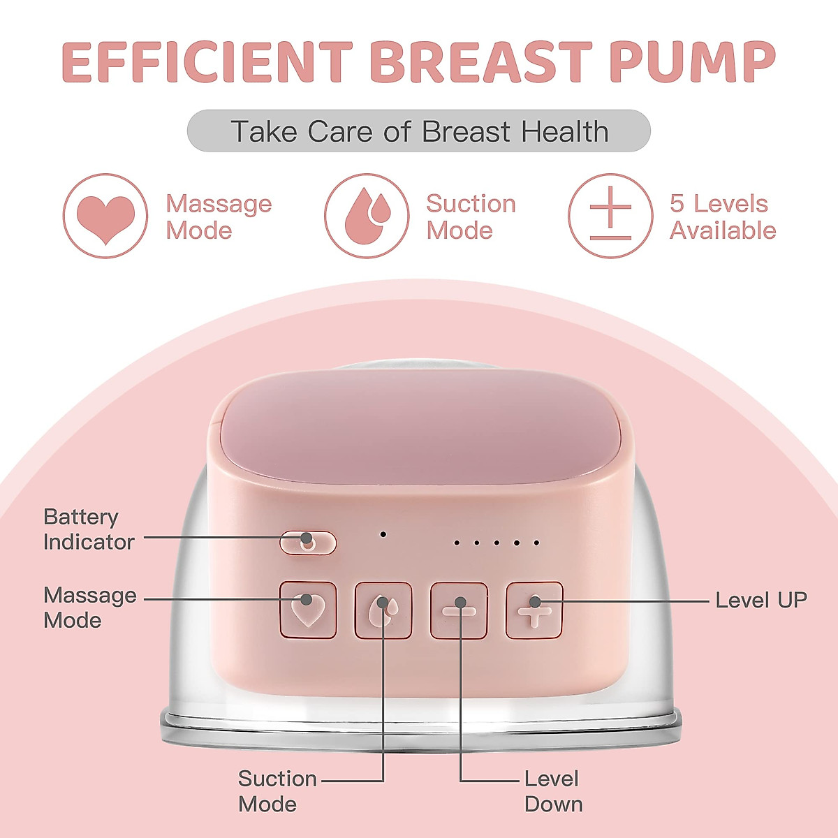 Kompoll Wearable Breast Pump Portable Electric Hands-Free Breast Pump with 2 Mode & 5 Levels, Wireless Worn in-Bra Painless Breastfeeding, Pink
