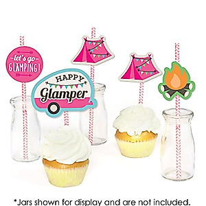 Let's Go Glamping - Paper Straw Decor - Camp Glamp Party or Birthday Party Striped Decorative Straws - Set of 24