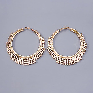 Jumwrit Large Rhinestone Hoop Earrings Big Round Circle Earrings Tassel Chain Dangle Earrings Statement Earrings for Women Girls（Gold）
