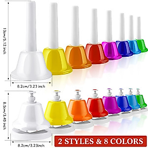 Zhanmai 16 Pieces Music Bells Include 8 Notes Hand Bells and 8 Desk Bells Colorful Diatonic Metal Bells for School Wedding Church Chorus Holiday Party Supplies, 2 Styles