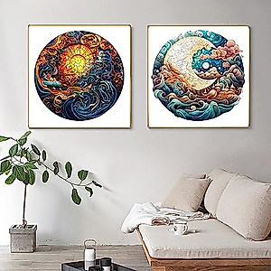 2PCS Wooden Jigsaw Puzzles, Sun and Moon Jigsaw Puzzles for Adults, Unique Shape Wood Cut Puzzles, Best Gift for Adults and Kids,11.8x11.8in