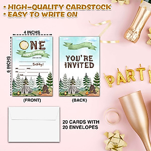 Chuxvon 1st Birthday Party Invitations, Happy Camper Birthday Invitation, Double-Sided Camp Themed Fill In Invites, Kids Camping Birthday Party Decorations, 20 Cards With 20 Envelopes(C08)