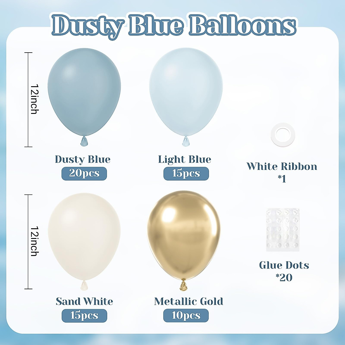 61pcs Dusty Blue Balloons, 12 Inch Dusty Blue Sand White Metallic Gold Balloons with Ribbon for Wedding Bridal Shower Birthday Party Baby Shower Decorations