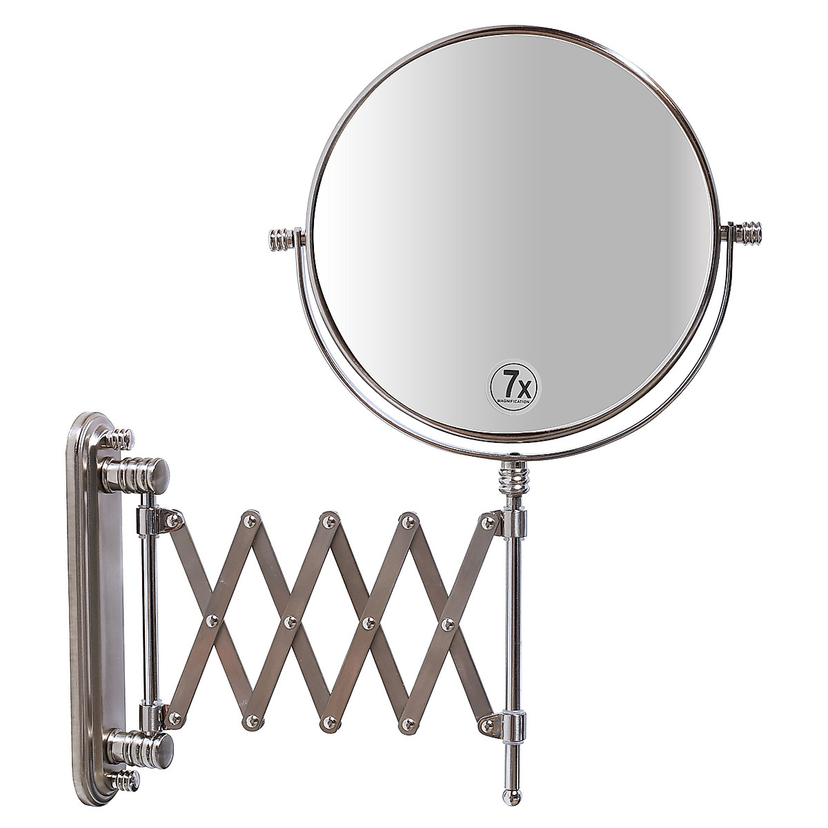 DecoBros 8-Inch Two-Sided Extension Wall Mount Mirror with 7X Magnification, 13.5-Inch Extension, Nickel