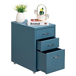 HollyHOME 3 Drawer Mobile Storage Cabinet, Metal Storage Dresser Cabinet with Castor Wheels, Small Organization Chest for Home Office, Easy Assembly Without Screws, Dark Blue