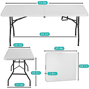 Dkelincs 6 Foot Folding Table with Sturdy Handle, Heavy Duty Centerfold Portable Table, Lightweight Indoor Outdoor Plastic Table for Picnic, Party, Camping - White