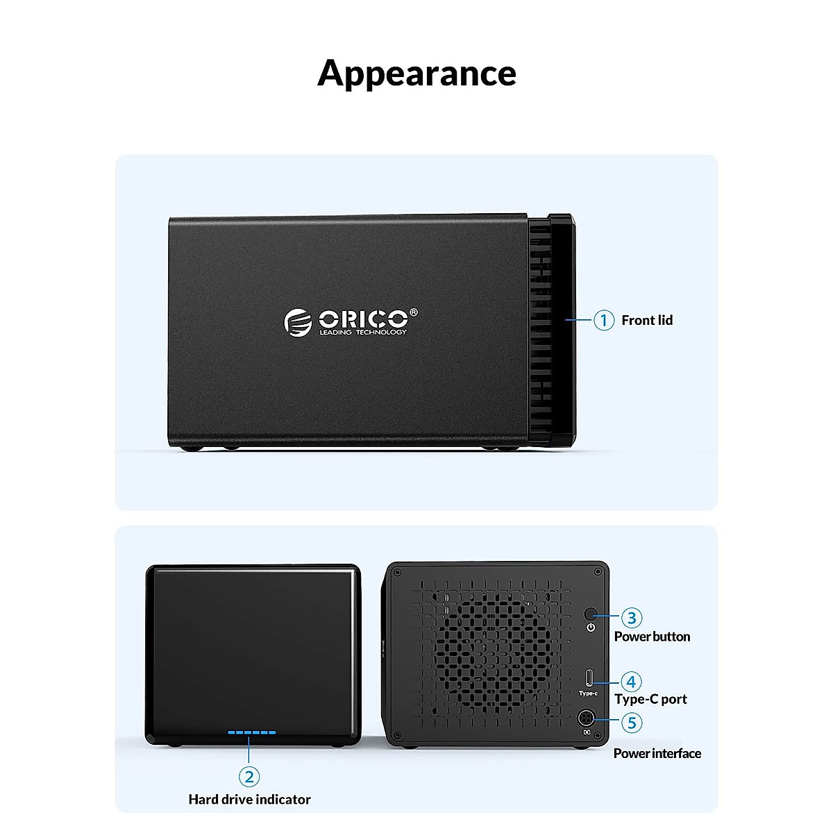 ORICO 5 Bay External Hard Drive Enclosure Magnetic Aluminum 3.5inch USB C to SATA HDD Enclosure for Enterprise Storage Expansion Up to 80TB(5X16TB) with Build-in Fan and 78W Power Supply - NS500C3