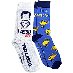 WARNER BROS Ted Lasso 2 pack Men's Dress Crew Socks. 2 pair - Ted Lasso Way & Be a Goldfish - Men Sock Size 10-13 (TG10430)