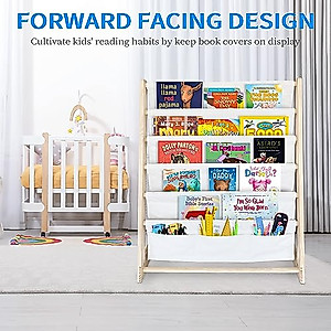 EXPERLAM Kids Book Shelf, 5-Tier Wood Kids Book Rack Storage Bookshelf, Kids Sling Bookshelf for Kids Room Toddler Baby Bedroom Living Room, Beige…