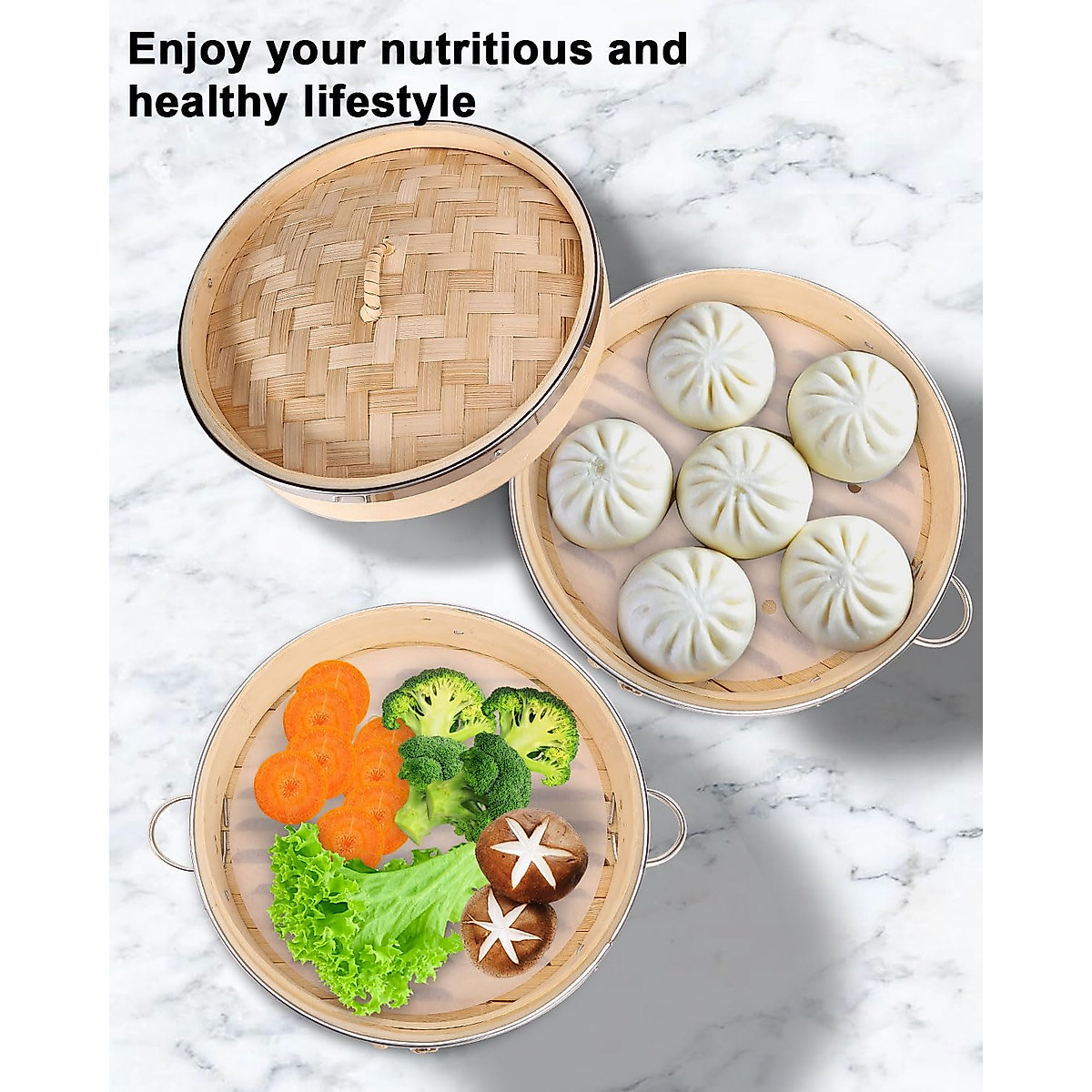 Niuirt Bamboo steamer basket set 8-inch, 2-tier dumpling steamer with side handles and 50pcs paper liners for buns, dim sum, dumplings, vegetables, and seafood.