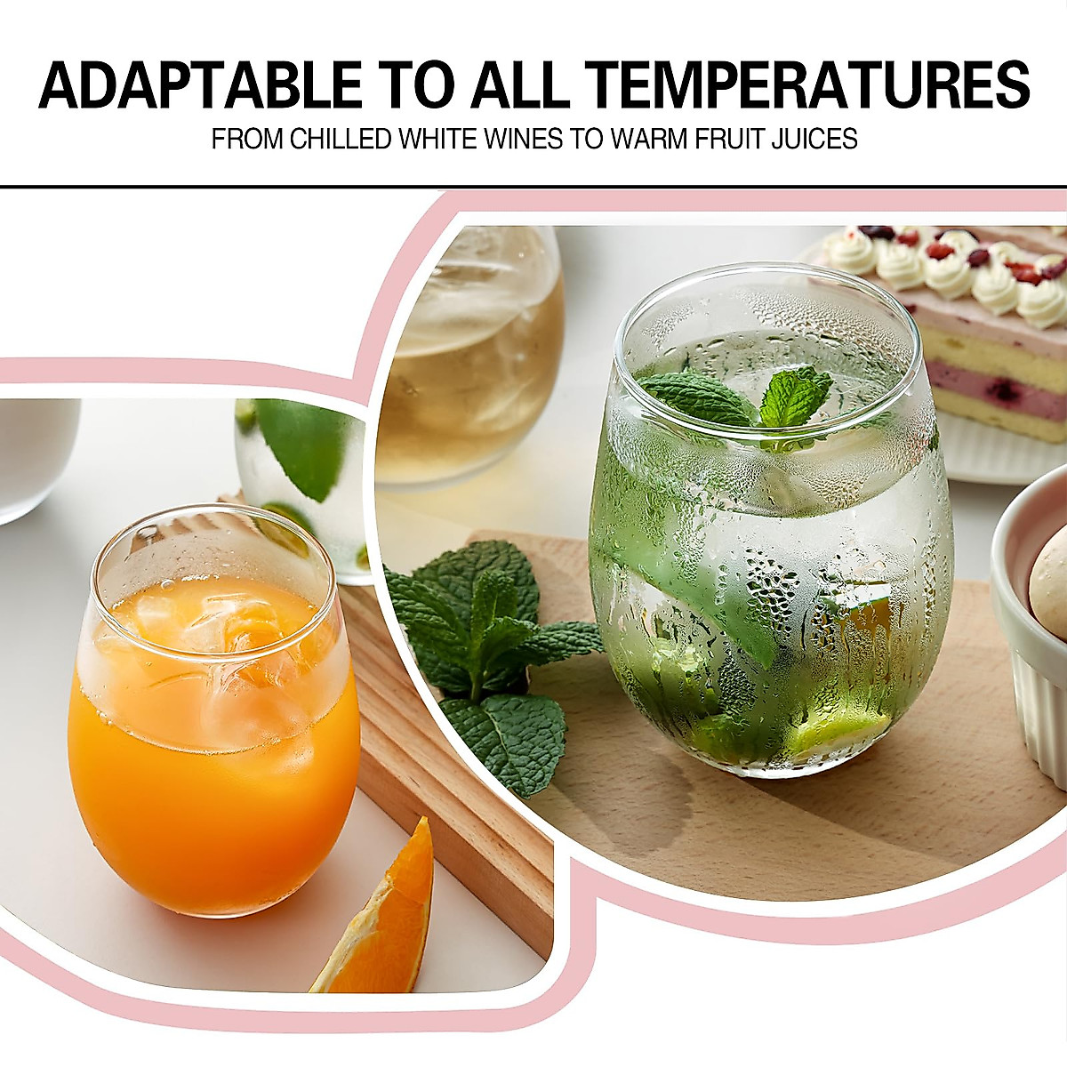 OUWO Stemless Wine Glasses Set of 4, 18 Ounces Red & White Wine Glasses for Party, Lead-free, Ideal Wine Accessories Gift (Clear)