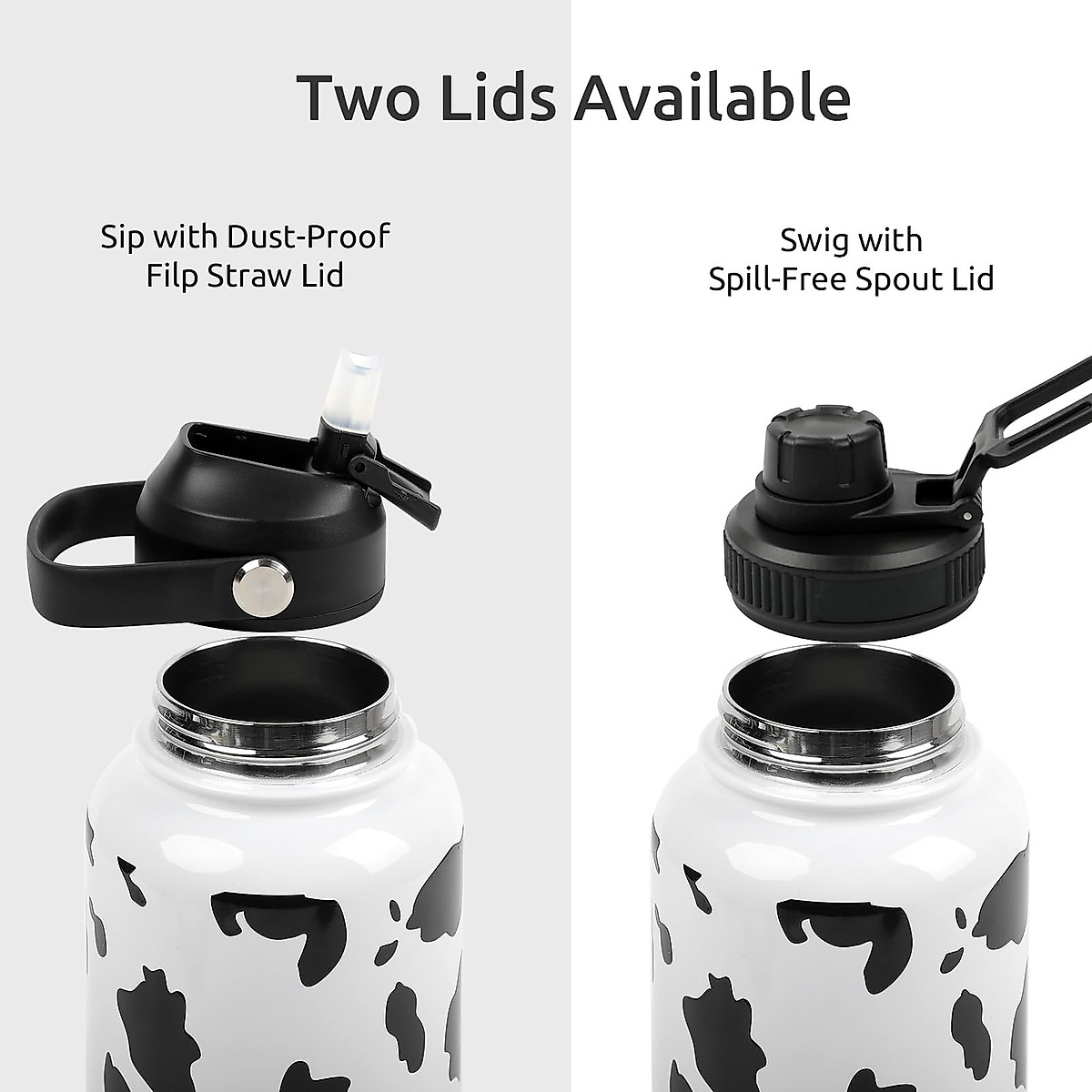 OINSOES 32oz Cow Print Insulated Sports Water Bottle - Leakproof and BPA Free Stainless Steel Thermos with Straw & Spout Lids for Hot & Cold Drinks - Double Walled Vacuum Cup Jug - Perfect Gifts