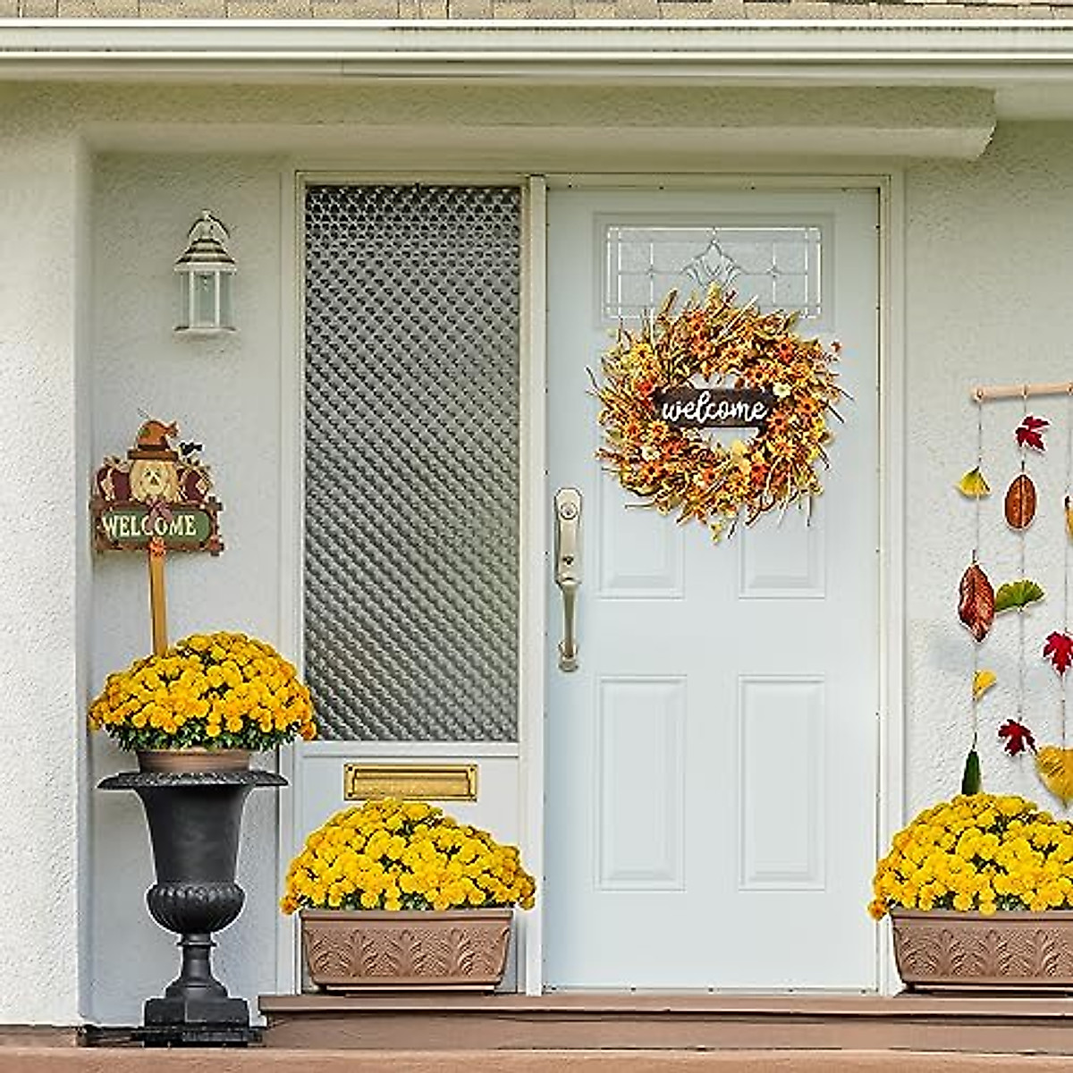 Sggvecsy Artificial Fall Wreath 22’’ Autumn Front Door Wreath Harvest Wreath with Orange Daisy Ear of Wheat Mixed Flowers and Leaves for Outside Indoor Wall Window Festival Thanksgiving Autumn Decor