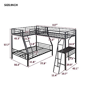 Twin Over Full Bunk Bed, L-Shaped Metal Triple Bunk Bed Frame Attached Twin Loft Bed with DeskLadderGuardrails, 3 Bed Bunk Beds for KidsTeens LF, Black