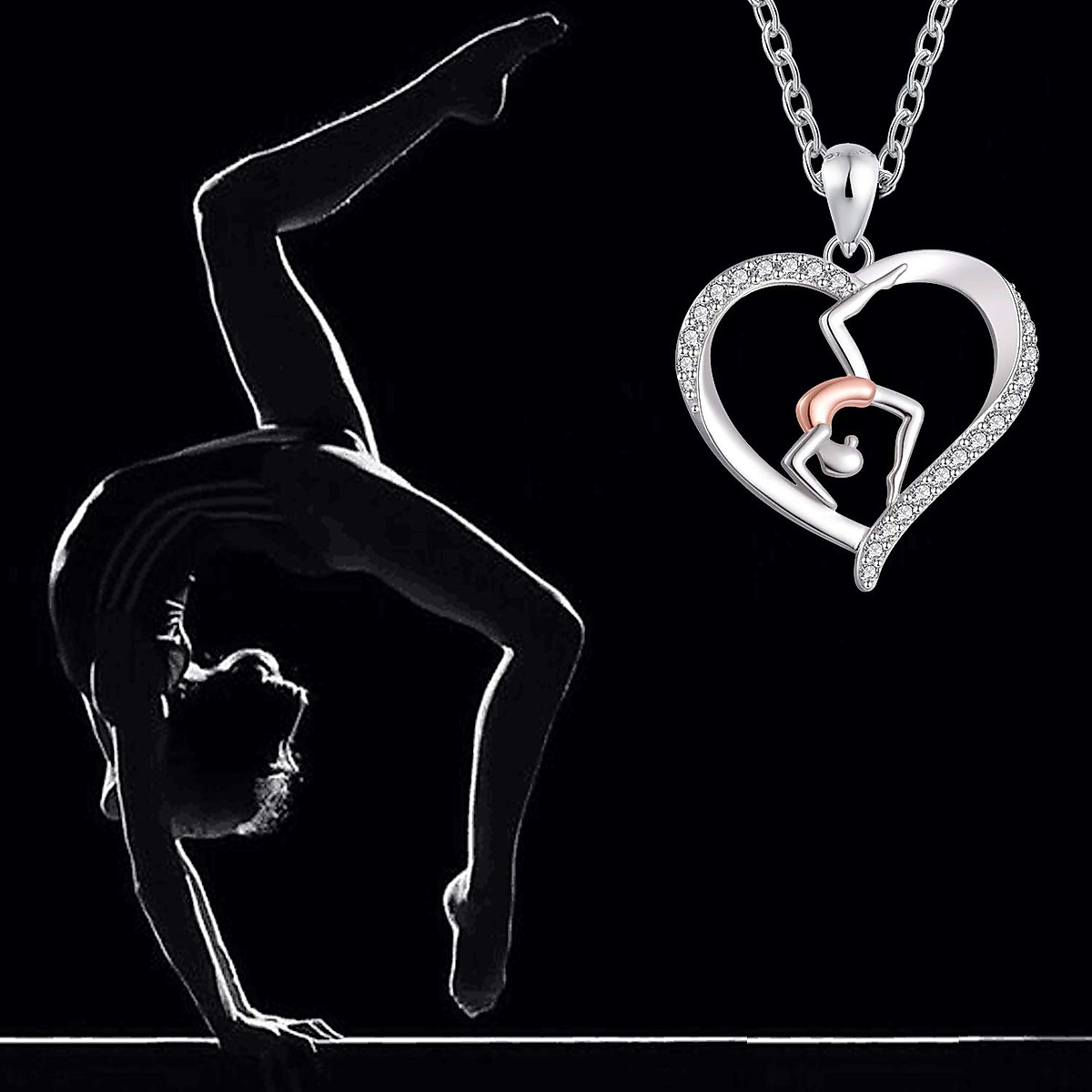ACJNA 925 Sterling Silver Gymnast Gymnastic Dance Necklace Yoga Sports Heart Pendant Jewelry Birthday Gift Dancer Women Her