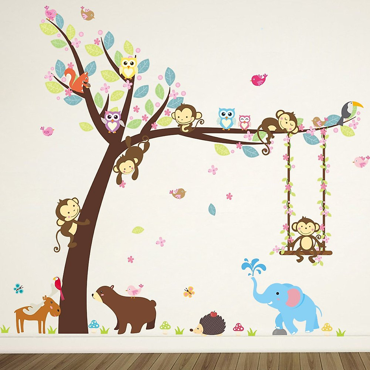 ElecMotive Cartoon Forest Animal Monkey Owls Hedgehog Tree Swing Nursery Stickers Murals DIY Posters Vinyl Removable Art Wall Decals for Kids Girls Room Decoration (Bear Elephant)