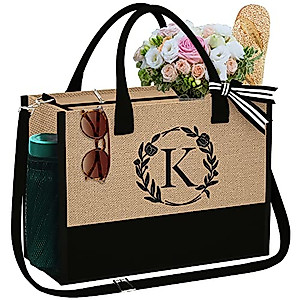 YOOLIFE Gifts for Women - Birthday Gifts for Women, K Initial Jute Tote Bag Gifts Friends Female Teacher Appreciation Gifts Personalized Bridesmaid Wedding Gifts Mom Birthday Gifts for Her Women