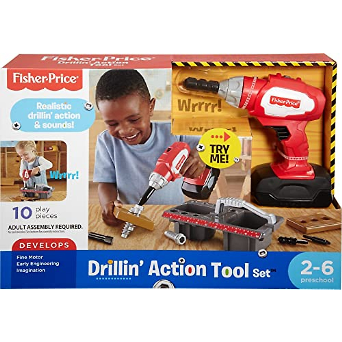 Fisher-Price Preschool Toy Drillin’ Action Tool Set with Sounds, 10 Pieces for Construction Pretend Play for Kids Ages 3+ Years