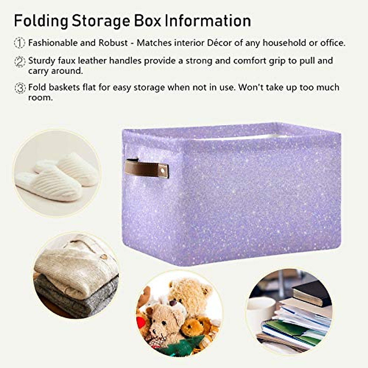 Blueangle Shiny Glitter Lavender Rectangle Storage Bin, 15 x 11 x 9.5 in, Collapsible Organizer Storage Basket for Home Décor