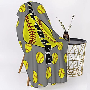 LOTSFUNS Softball Beach Towel Yellow Softball Sports Balls on Grey Bath Towels, Personalized Softball Accessories for Girls Kids, Lightweight Quick Dry Sandproof Pool Towels, Oversized 31.5x51.2