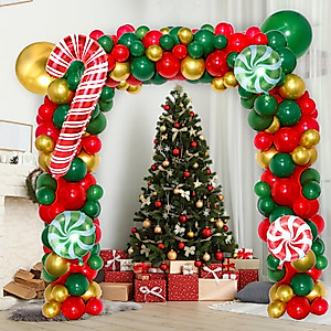 Christmas Decorations, Christmas Party Decorations-Christmas Balloon Arch Garland Kit with Green Red Candy Cane Balloons, Merry Christmas Backdrop Banner Tablecloths for XMAS Decorations Supplies