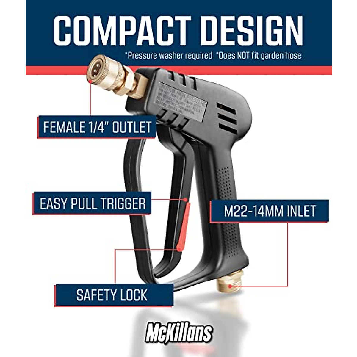 McKillans Short Pressure Washer Gun with Replacement M22 Inlet- High Pressure Water Handle with 1/4” Quick Connector Coupler - Power Washer Gun Compatible with Foam Cannon - Car Wash Foam Gun