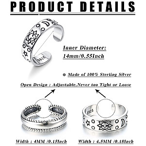 MILACOLATO 2Pcs Sterling Silver Toe Rings for Women 18K White Gold Plated Adjustable Toe Rings Vintage Sun Moon and Star Band Toe Rings Summer Beach Foot Jewelry