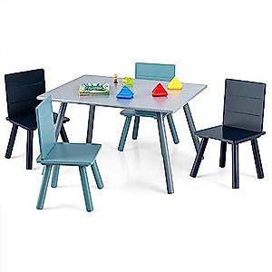 Costzon Kids Table and Chair Set, 5-Piece Toddler Table & 4 Chairs w/Toy Bricks for Arts, Crafts, Snack Time & Homework, Classroom Playroom Daycare Furniture for Boys & Girls Age 3-7 (Grey, Blue)