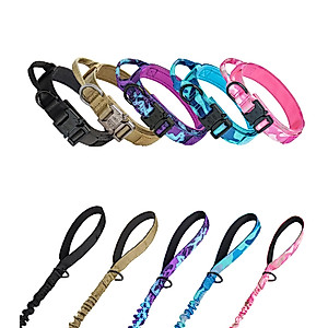 Hotsky Tactical Dog Collar and Leash Set, Heavy Duty Military Airtag Dog Collar with Handle and Metal Buckle for Training and Walking, with Airtag Holder and Two Patches(Purple Camo, L)