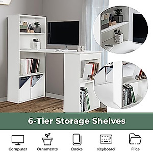 Giantex 48 Inch Computer Desk with Bookshelf, 3-in-1 Home Office Desk with 4-Tier Bookcase & CPU Stand, Space-Saving Reversible Writing Desk Work Table for Bedroom, Study Room, Office (White)