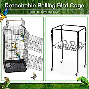 Jehiatek 59 Inch Bird Cage with Rolling Stand, Parakeets Cage with Open Top Roof, Tall Bird Cage Metal Bird Cage for Medium Small Cockatiel Canary Conure Finches, Black, Easy to Install
