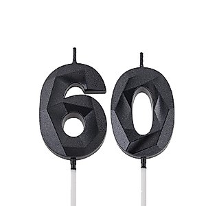 2 inch Black 60 Birthday Candles, 3D Diamond Number 60 Cake Topper for Men Women Birthday Party Decorations Theme Party
