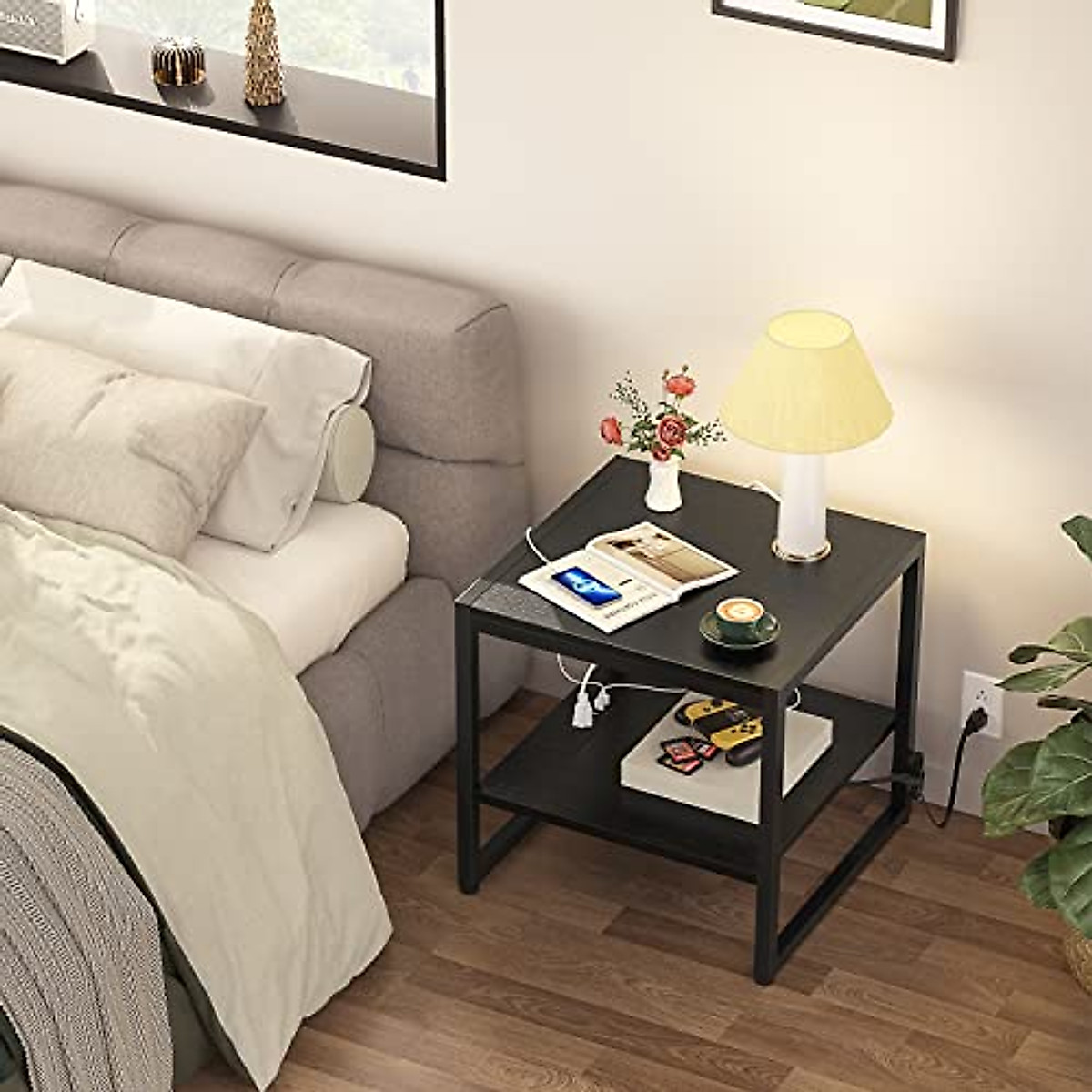 Homieasy End Table with Charging Station, 20 Inch Square Side Table with USB Ports & Power Outlets, Black Nightstand with 2-Tier Storage Shelf, Mini Fridge Stand for Small Spaces, Black