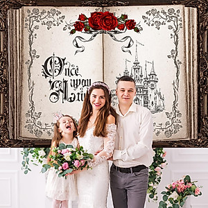 Mocsicka Once Upon a Time Backdrop Princess Castle Wedding Party Background Fairytale Book Red Roses Bridal Shower Party Cake Table Decoration Photo Booth Props (7x5ft)