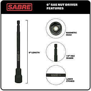 Sabre Tools 8 Piece SAE Impact Magnetic Nut Driver Set – 6 Inch Length, 1/4 Inch Hex Shank, Magnetic Socket Tip (8 Piece SAE Set)