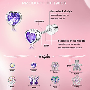 FUNRUN JEWELRY 8Pairs Hypoallergenic Screwback Earrings for Women 316L Stainless Steel CZ Heart Rainbow Butterfly Flower Multicolored Screw Back Stud Earrings Set(Purple) Age:Over 3 years old