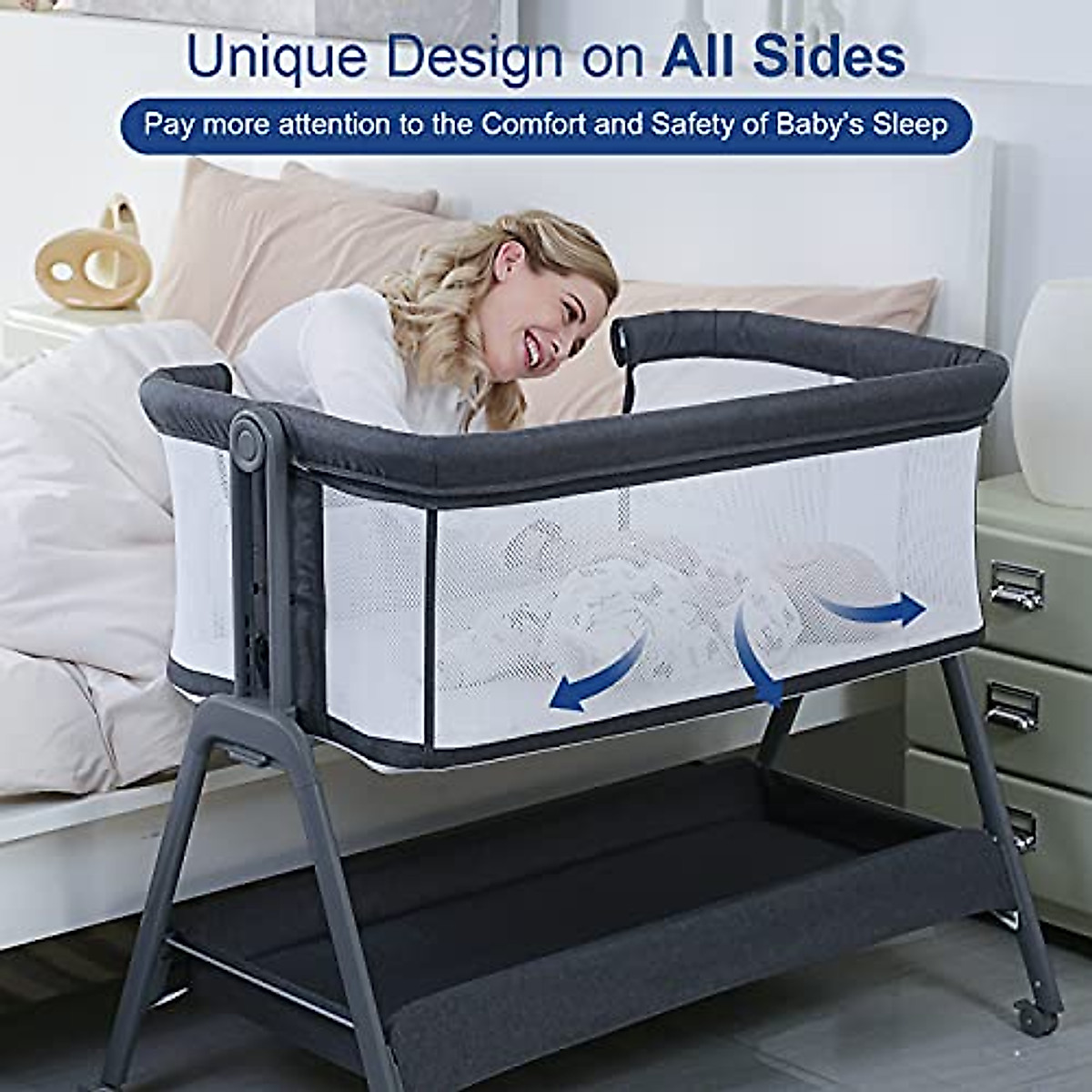 ANGELBLISS Baby Bassinet Bedside Crib with Storage Basket and Wheels, Easy Folding Bed Side Sleeper Adjustable Height Portable Crib for Newborn