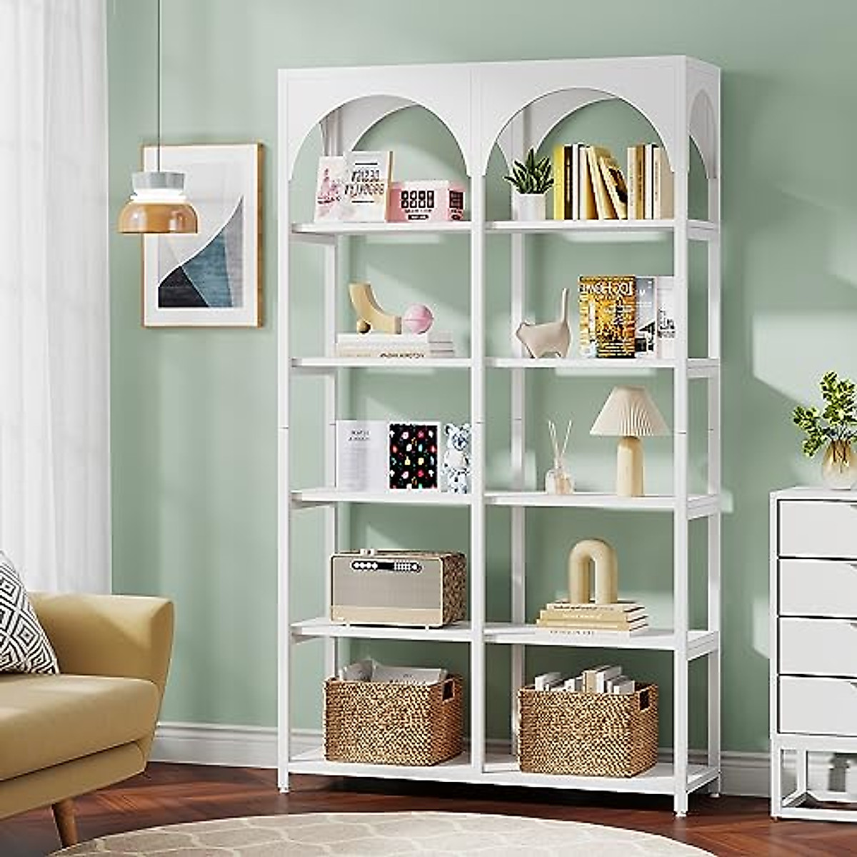 LITTLE TREE 5 Tiers White Arched Bookshelf, 70.9 Inches Modern Display Shelves Rack, Freestanding Open Etagere Bookcase for Living Room Bedroom Office