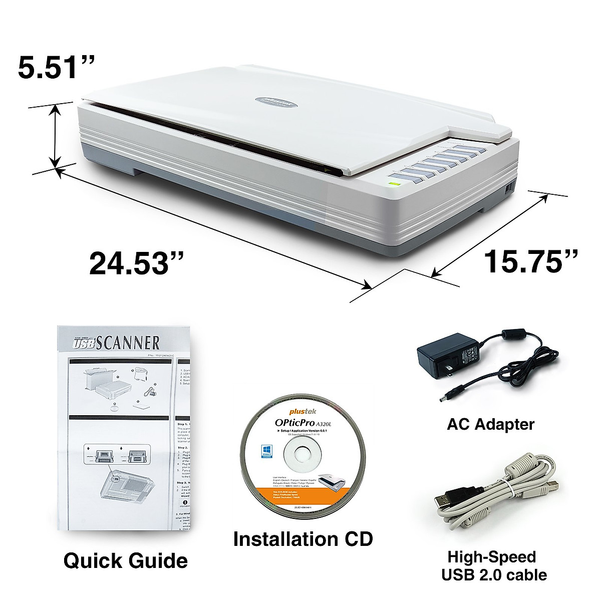 Plustek OpticPro A320L - A3 CCD Graphic Flatbed Scanner, 1600 dpi Resolution with Dual Light Design. Suitable for Graphic Design, Artwork and Artists. Support Mac, Windows, Twain and ICA